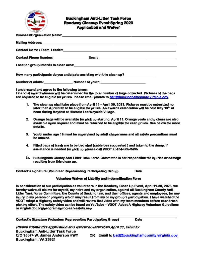 Application form for Buckingham 2023 - Keep Virginia Beautiful